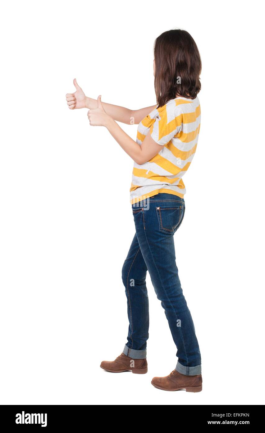 Back view of woman thumbs up. Rear view people collection. backside ...