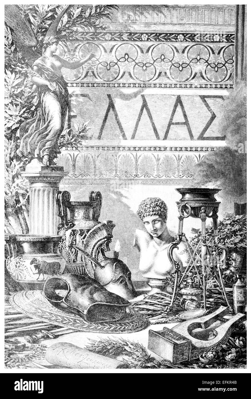 Victorian engraving of art and artifacts of Classical Greece. Digitally ...