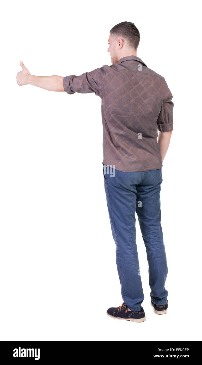 Back view of man in checkered shirt shows thumbs up. Rear view people ...