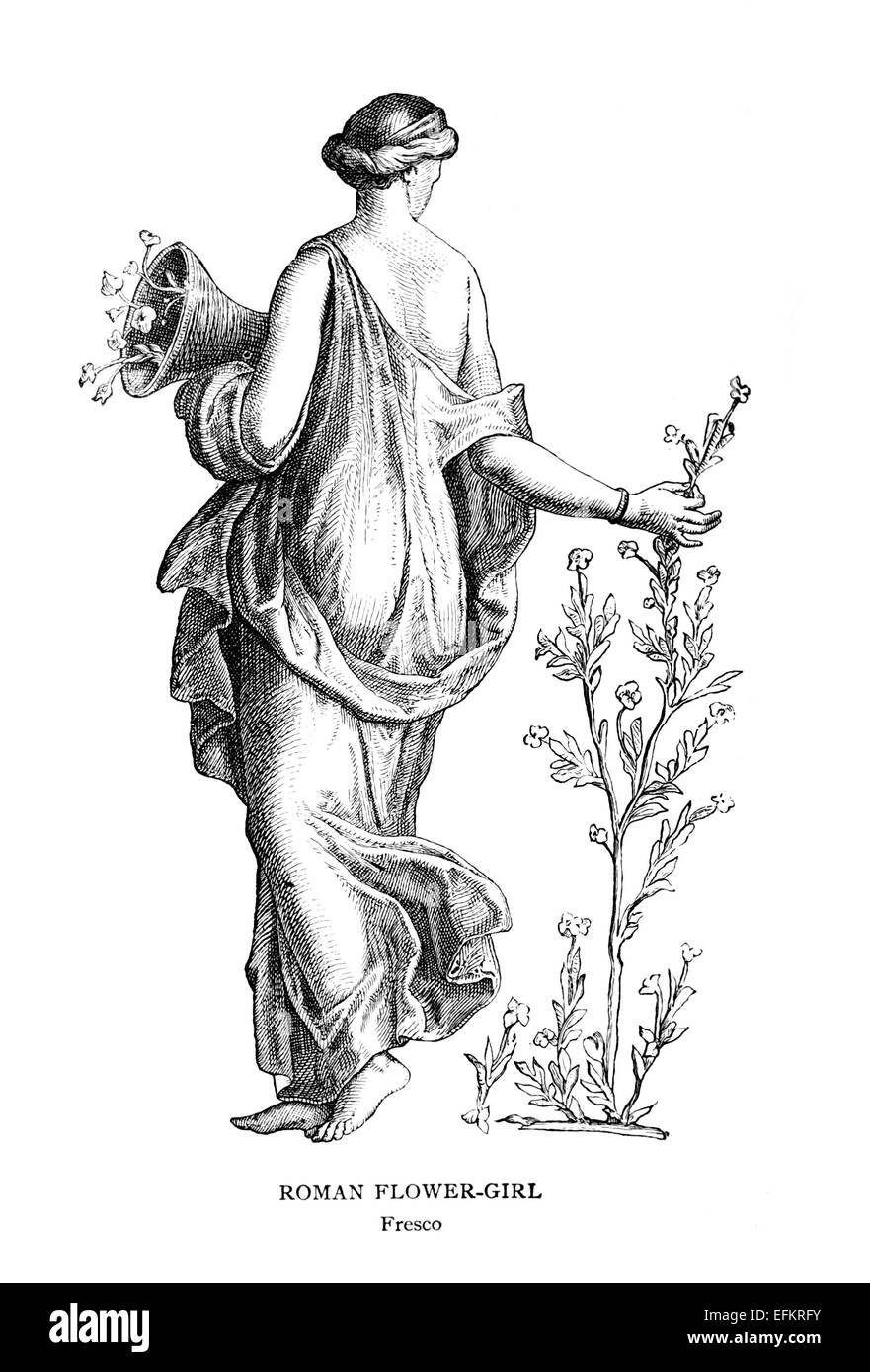 Victorian engraving of a fresco of a Roman flower girl. Digitally ...