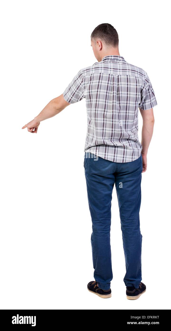 Back view of pointing young men in shirt and jeans. Young guy gesture ...