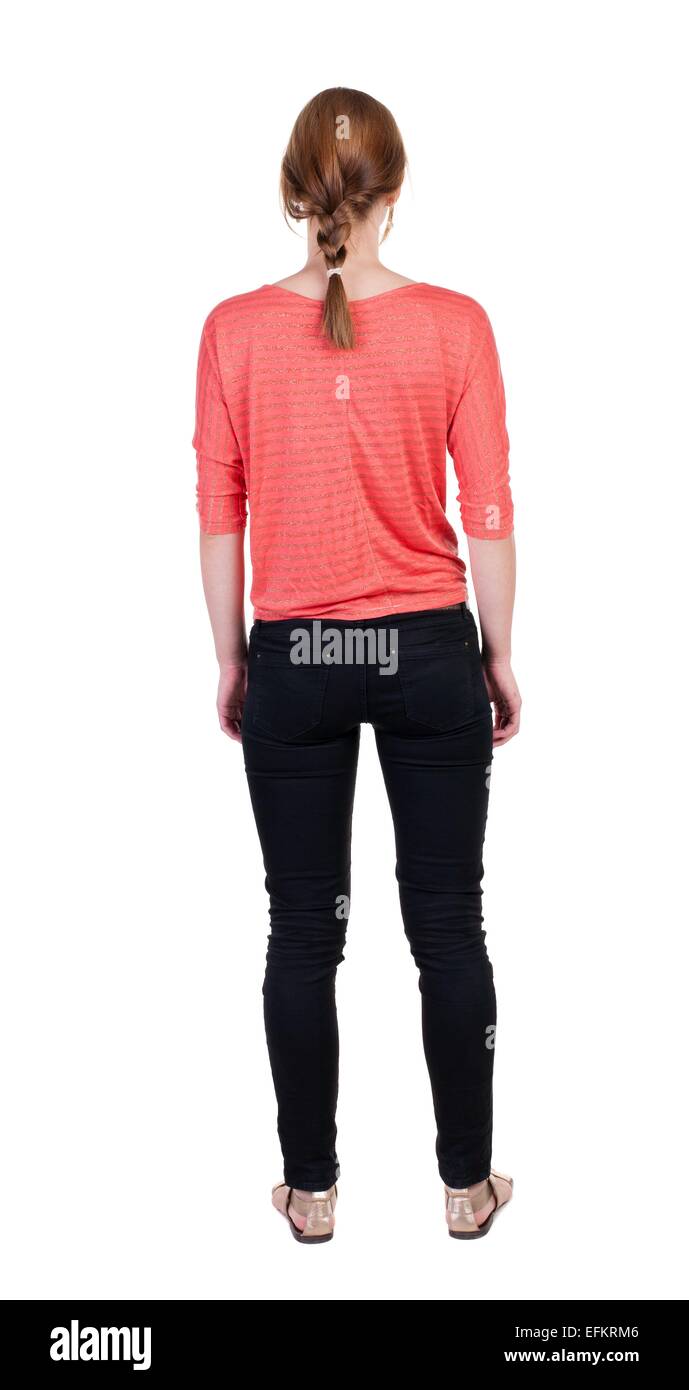 back view of standing young beautiful brunette woman. girl watching ...