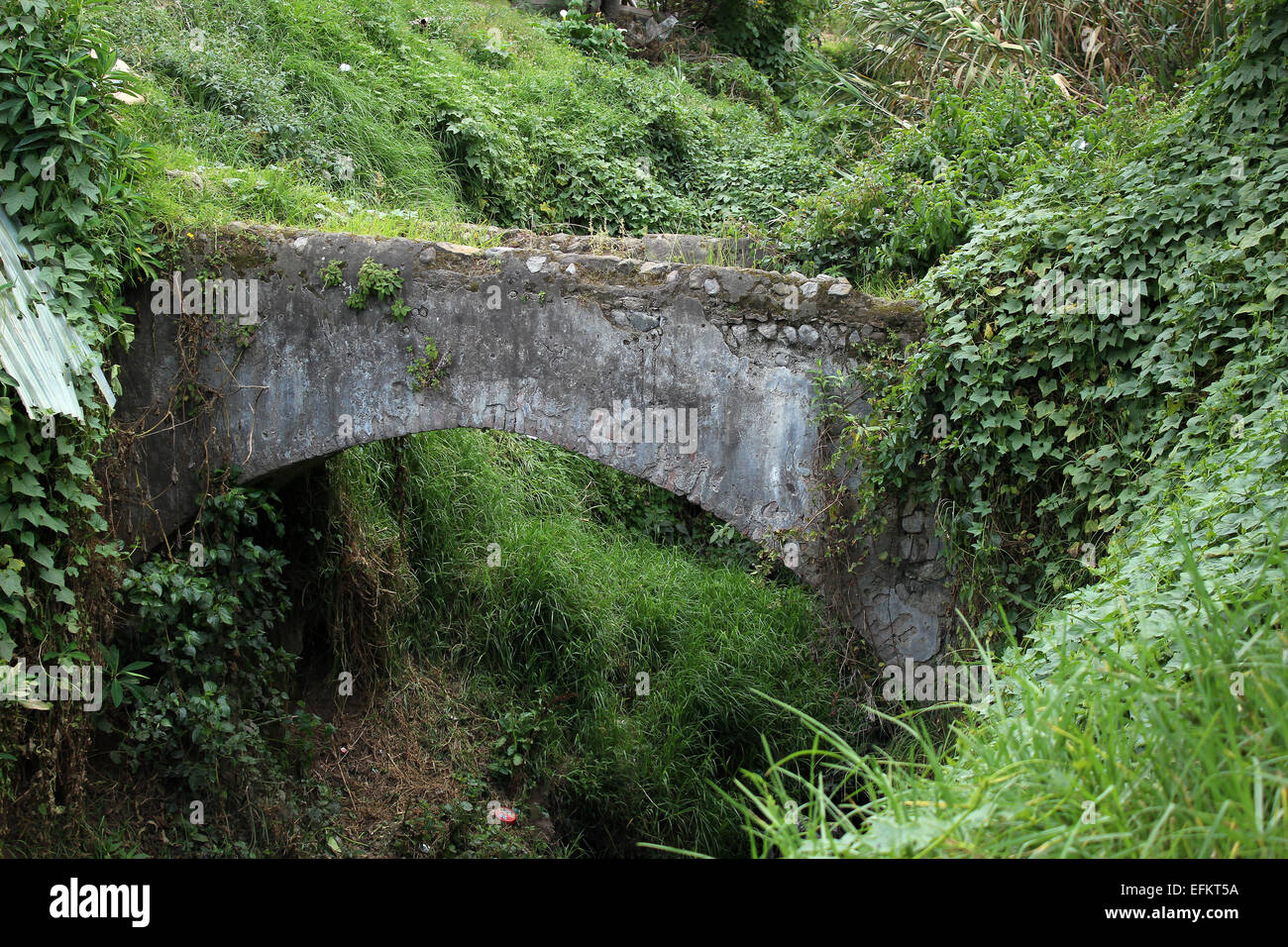 A stone bridge walkway over a small river in Peguche, Ecuador Stock ...