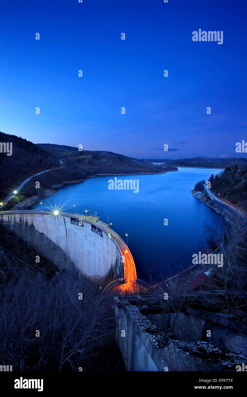 Night view of the dam of Plastiras lake, Karditsa, Thessaly, Greece ...