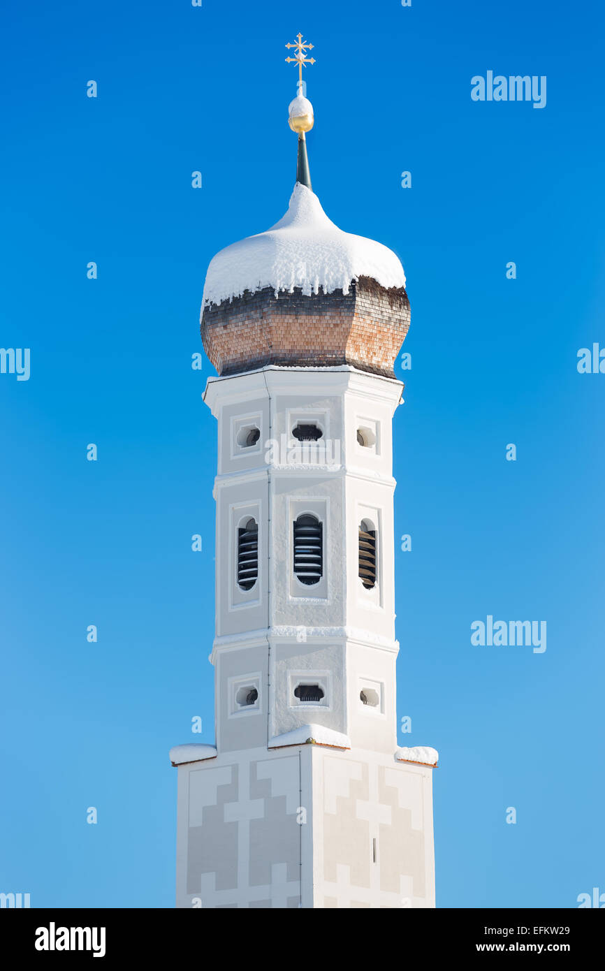 Bell tower of Bavarian Church, German Alps Stock Photo - Alamy
