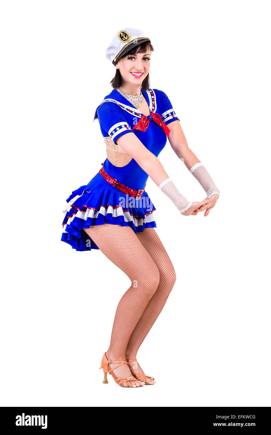 young dancer woman dressed as a sailor posing on an isolated white ...