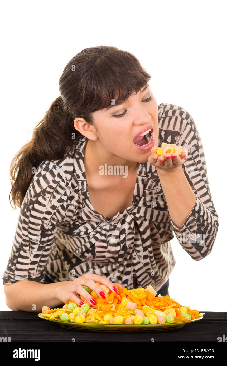 young girl overeating junk food Stock Photo - Alamy