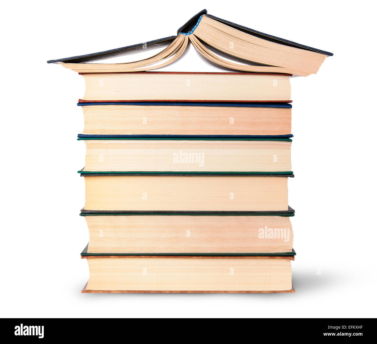 Stack of six old books with an open top isolated on white background ...