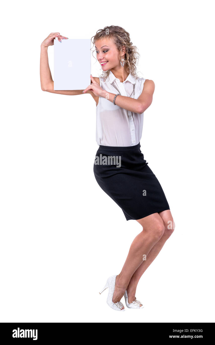 business woman hold empty blank board, full length portrait isolated on ... business woman hold empty blank board, full length portrait isolated on ...