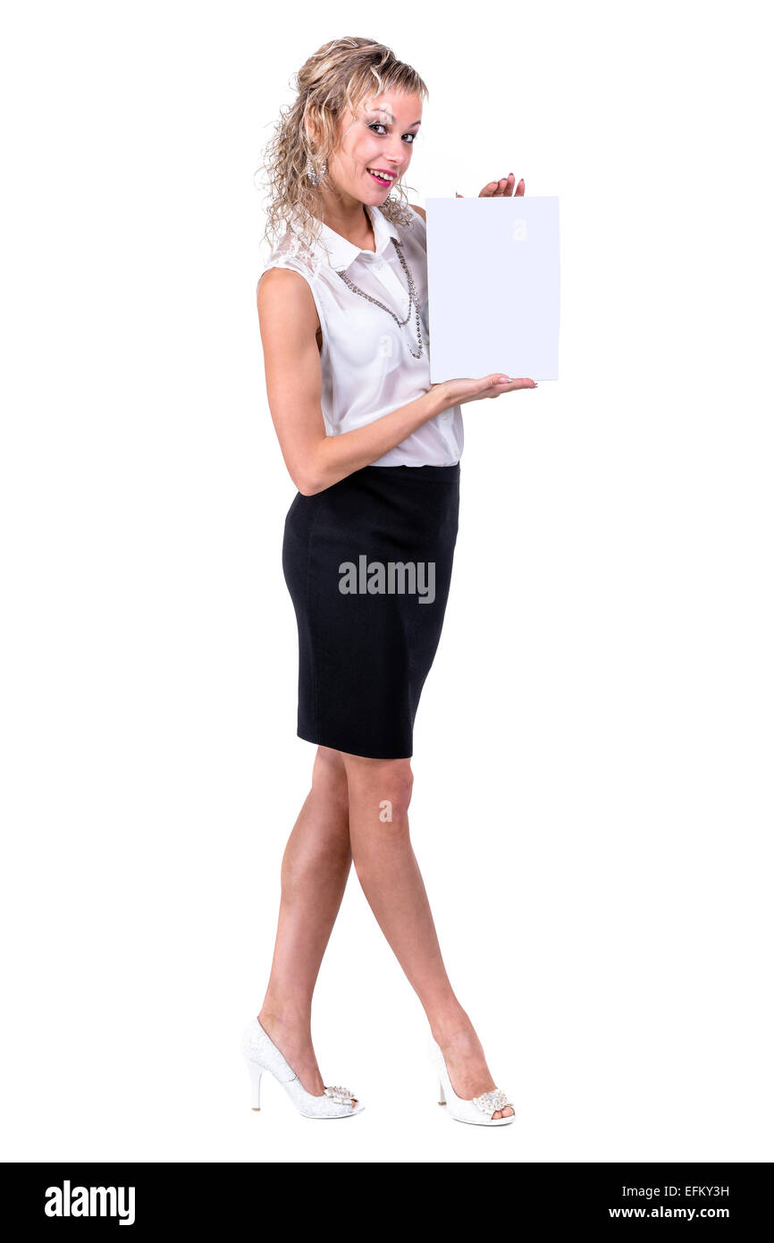 business woman hold empty blank board, full length portrait isolated on ... business woman hold empty blank board, full length portrait isolated on ...