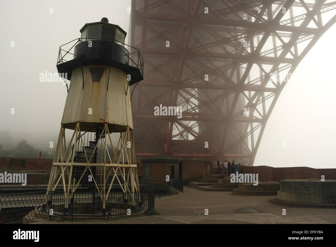 Foggy day view Fort Point Lighthouse below Golden Gate arch bridge ...