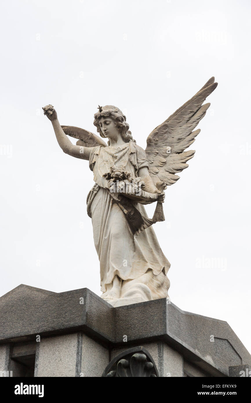 White marble statue of an angel with outstretched wings on a tomb in ...
