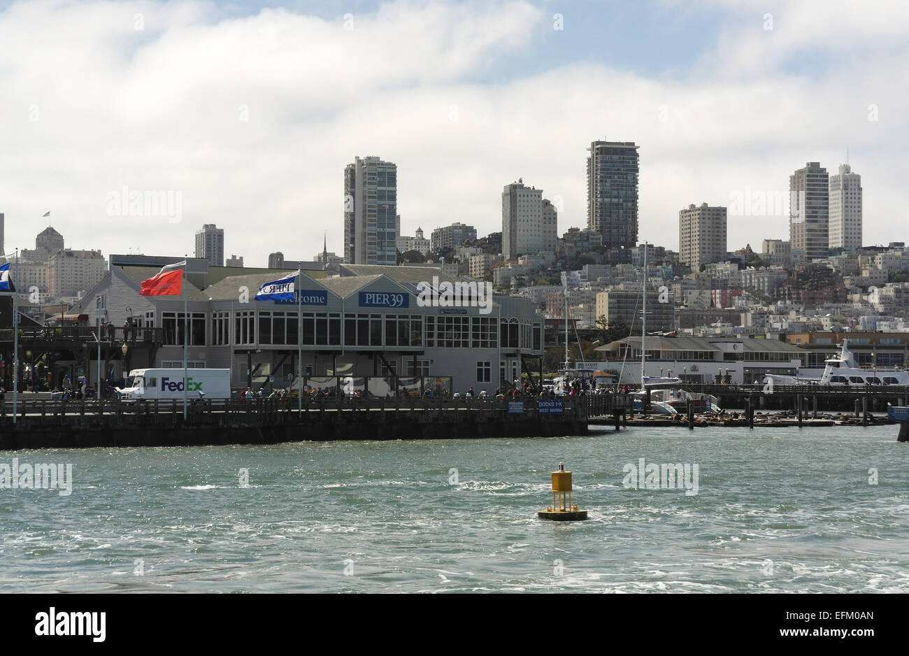 Buildings tall shops restaurants standing rising pier 39 background ...