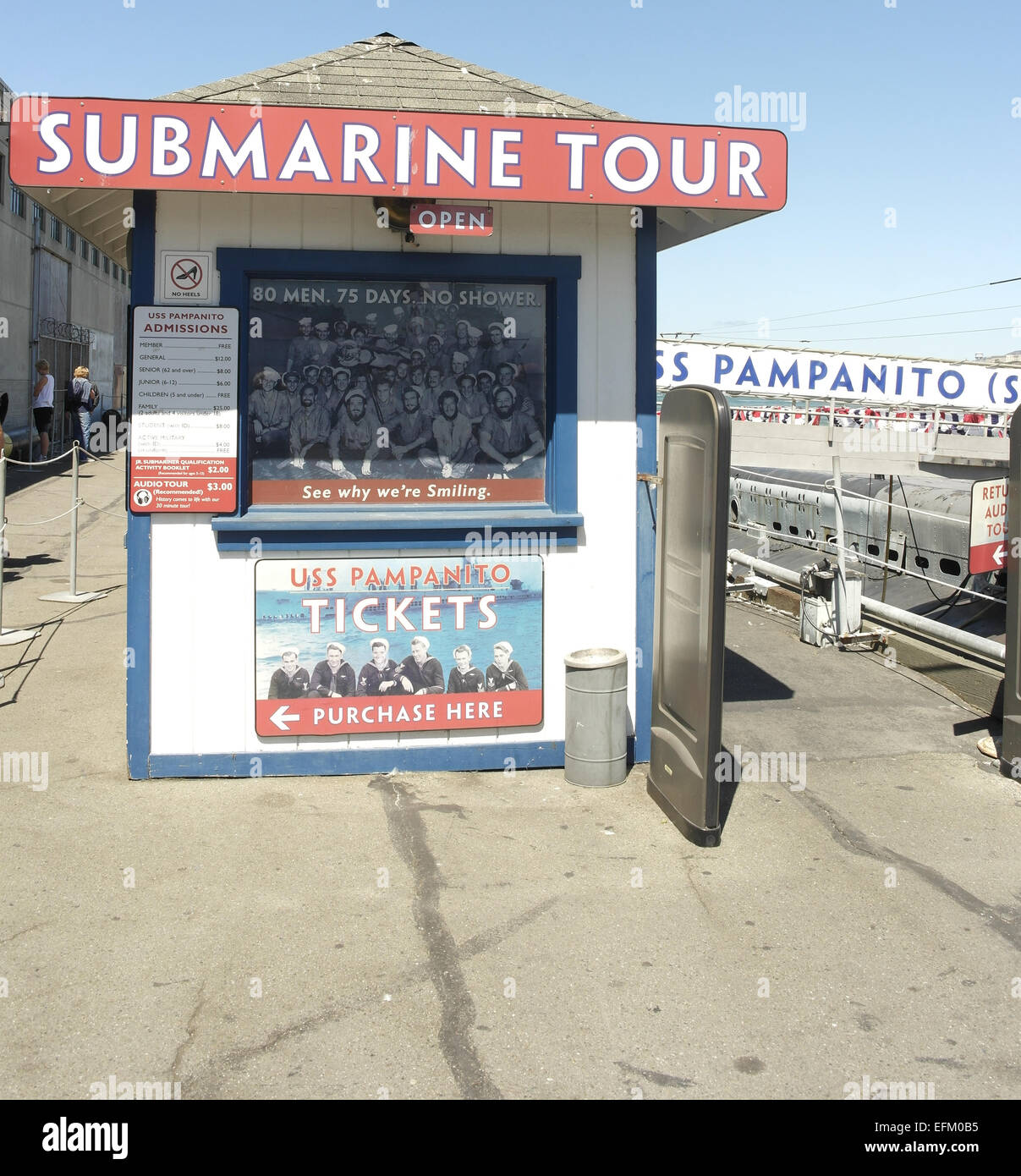 Blue sky portrait USS Pampanito Submarine ticket booth, photographs US ...
