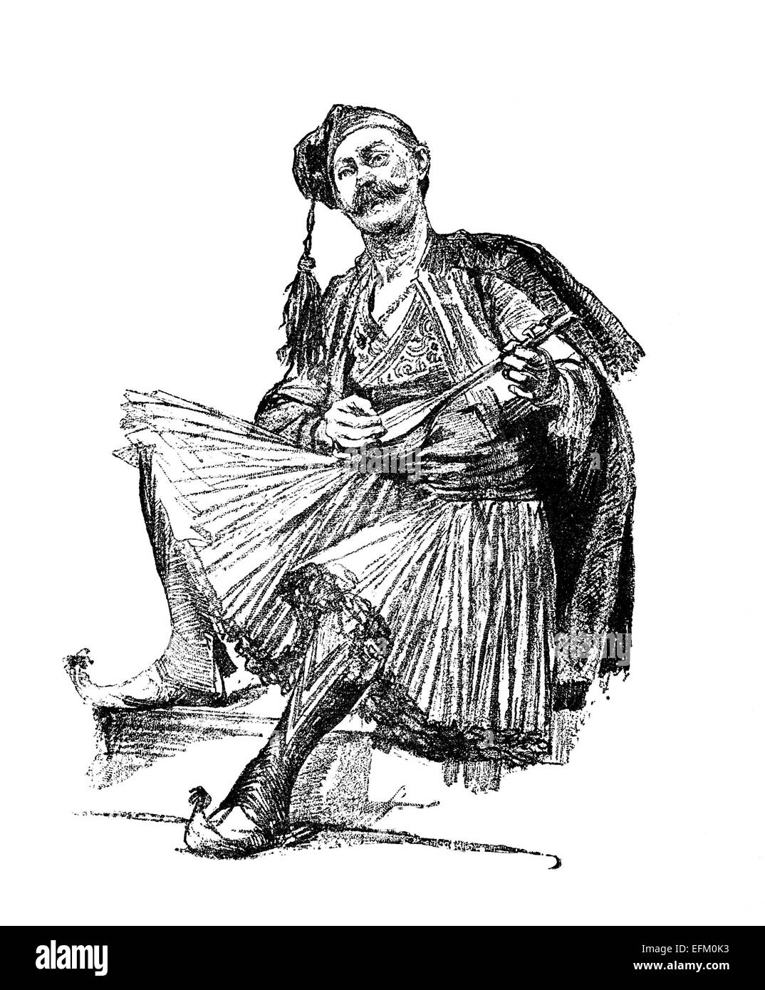 Victorian engraving of a traditional Greek musician. Digitally restored ...