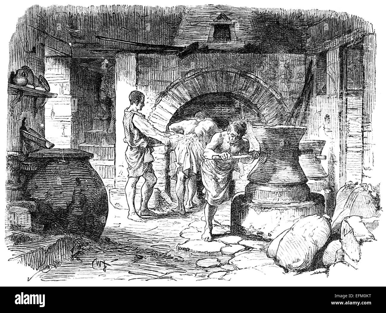 Victorian engraving of an ancient Roman bakery. Digitally restored ...