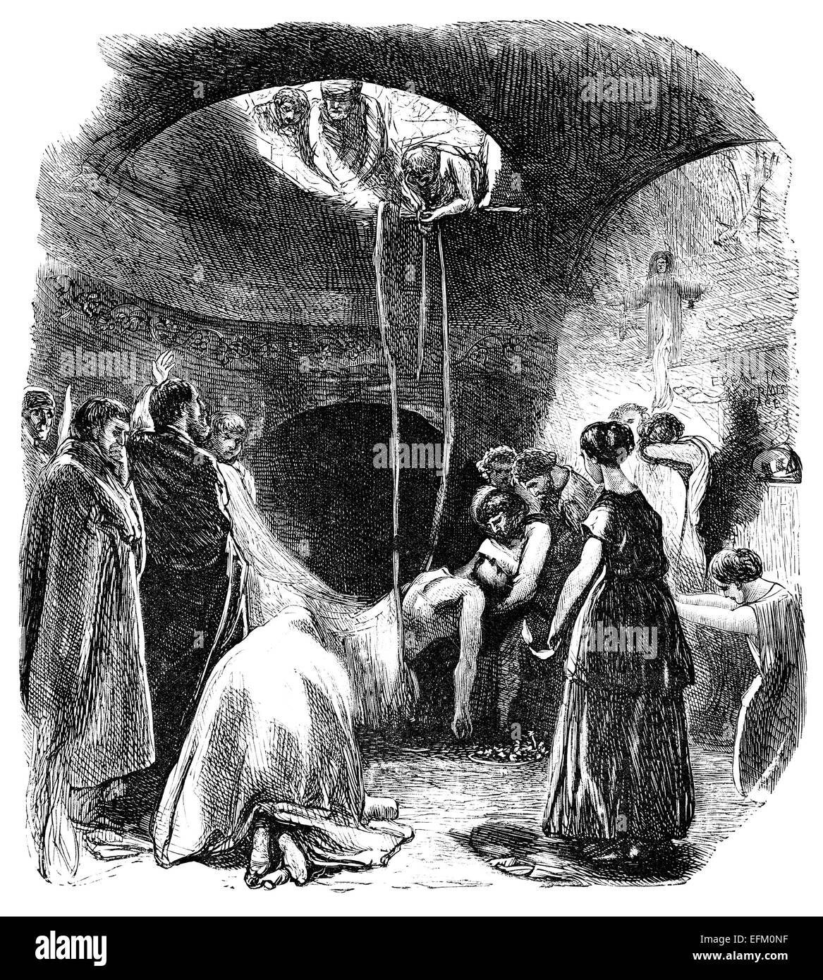 19th century engraving of a burial scene, Catacombs, Rome, Italy ...