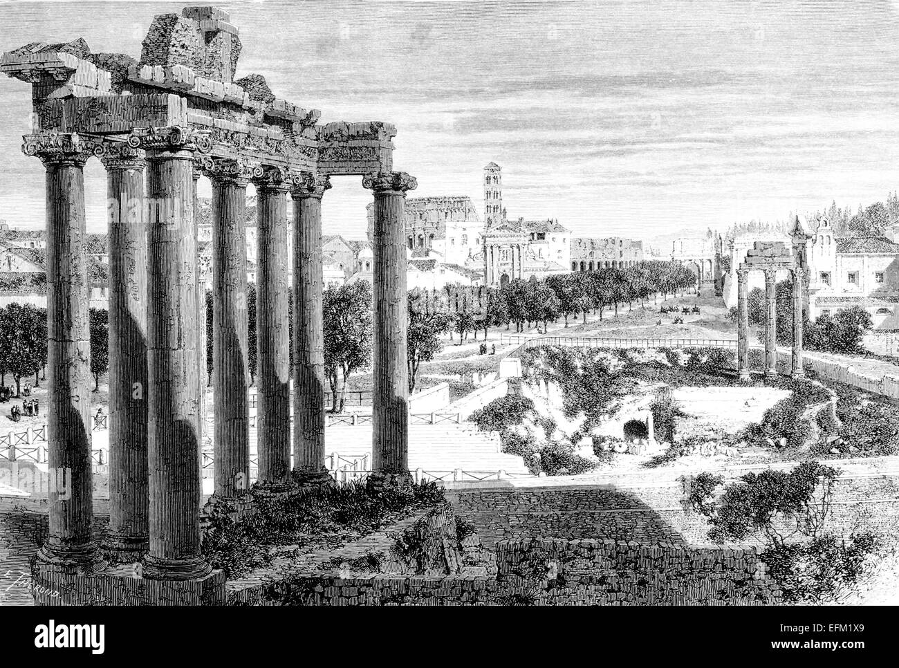 Victorian engraving of a view of the Roman Forum, Rome. Digitally ...