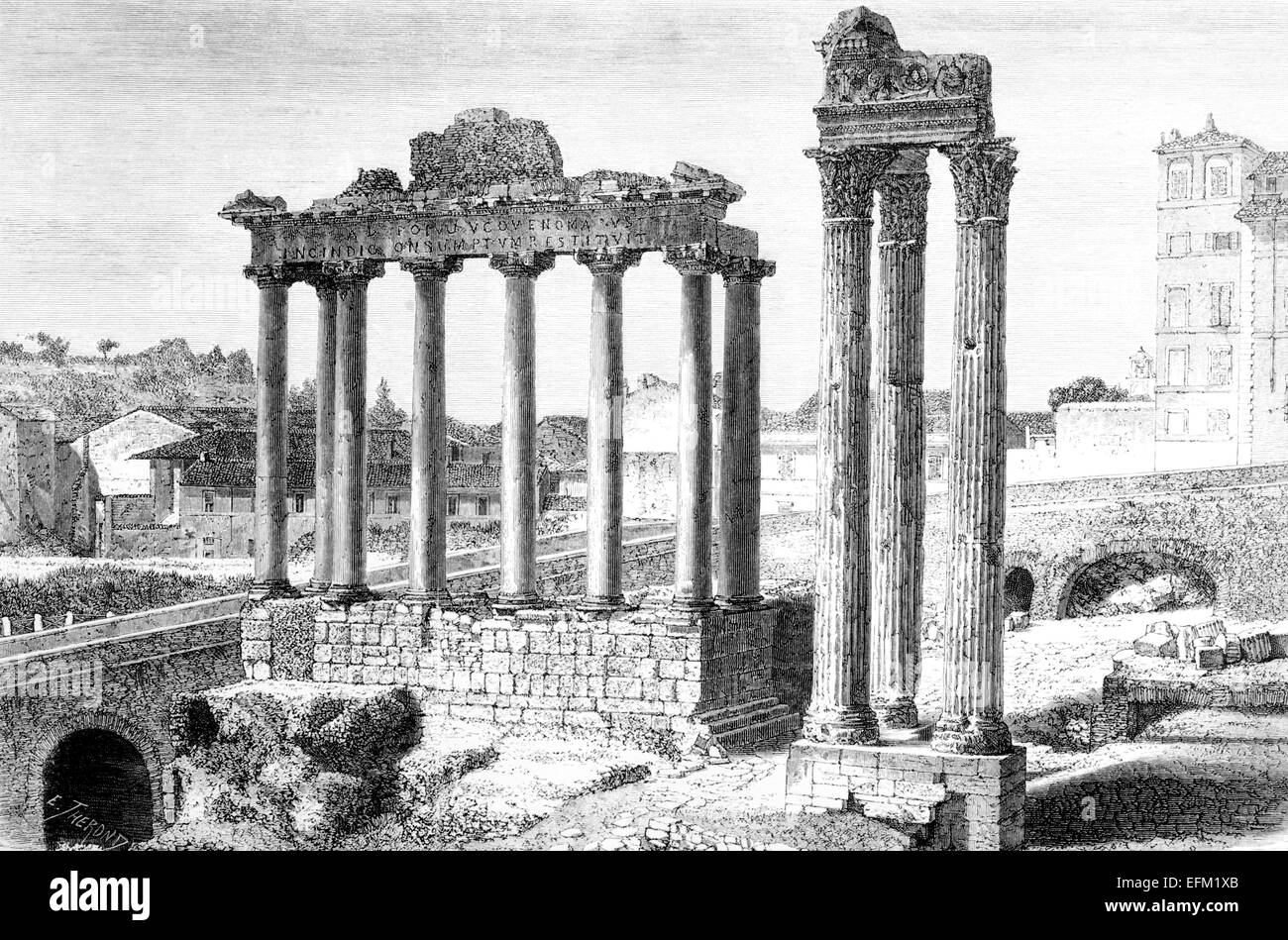 Victorian engraving of a view of the Roman Forum, Rome. Digitally ...