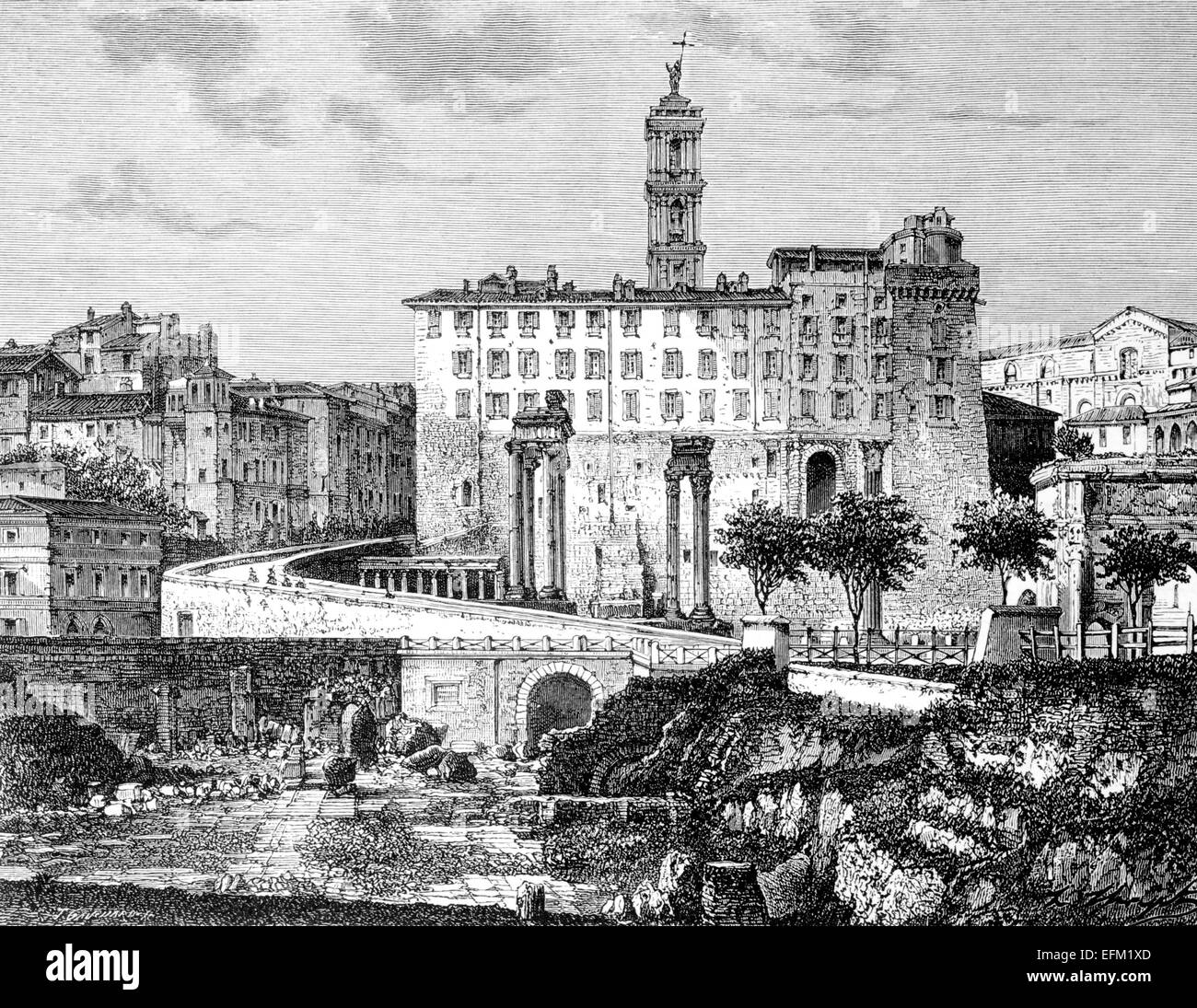 Victorian engraving of a view of the Roman Forum, Rome. Digitally ...