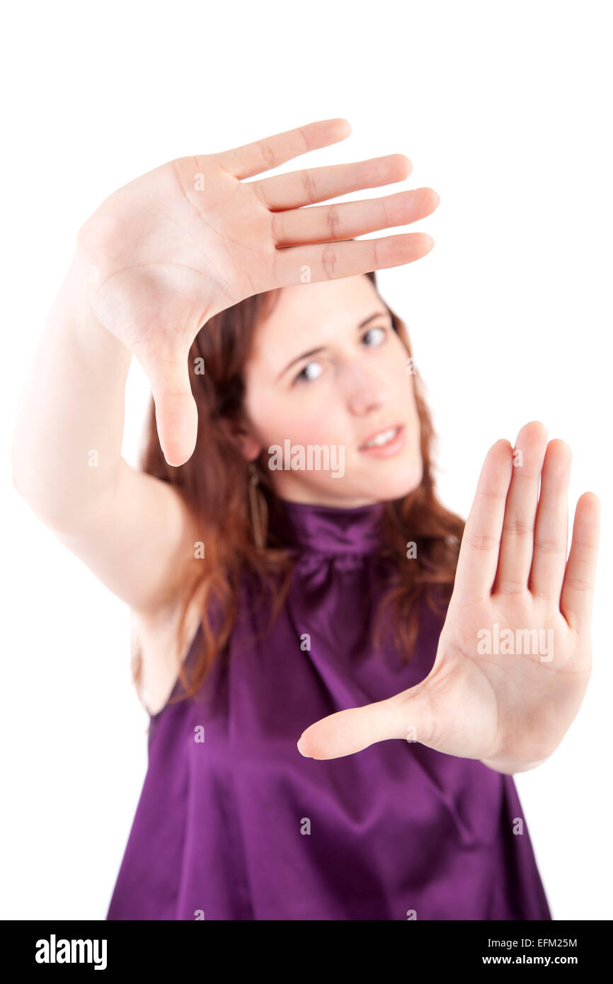 Woman showing framing hand gesture - focus on hands Stock Photo - Alamy