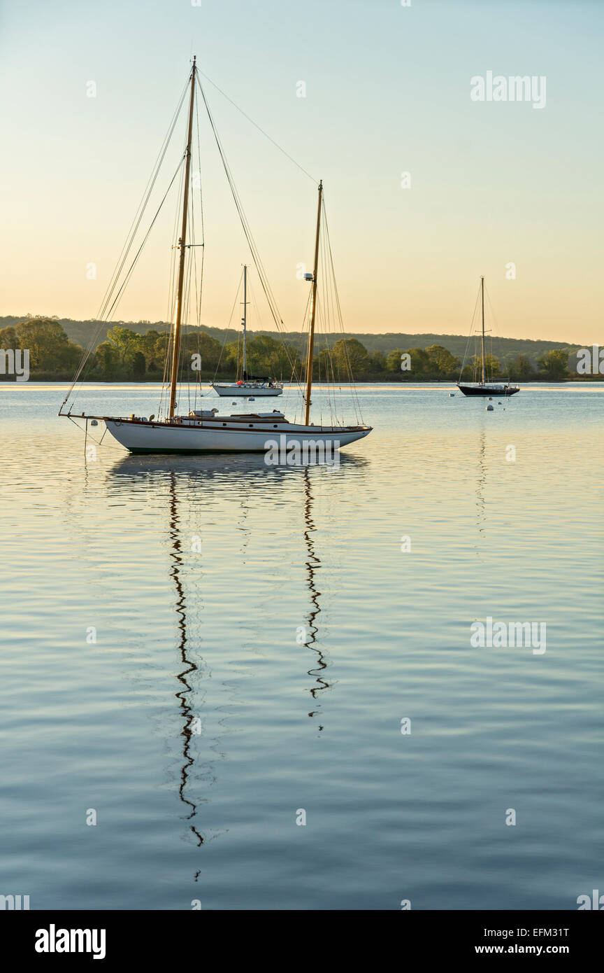 Connecticut River at Essex, sailboats, sunrise Stock Photo - Alamy