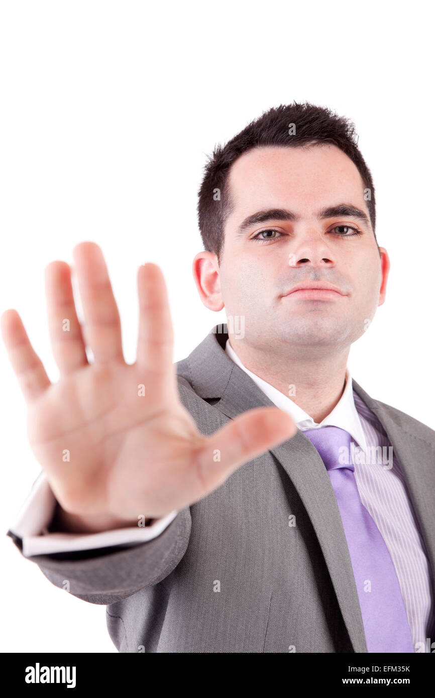 Engineer making stop sign - isolated on white background Stock Photo ...