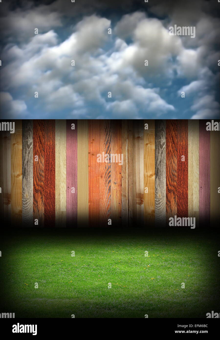 abstract colorful wood fence in backyard, natural backdrop with blue ...