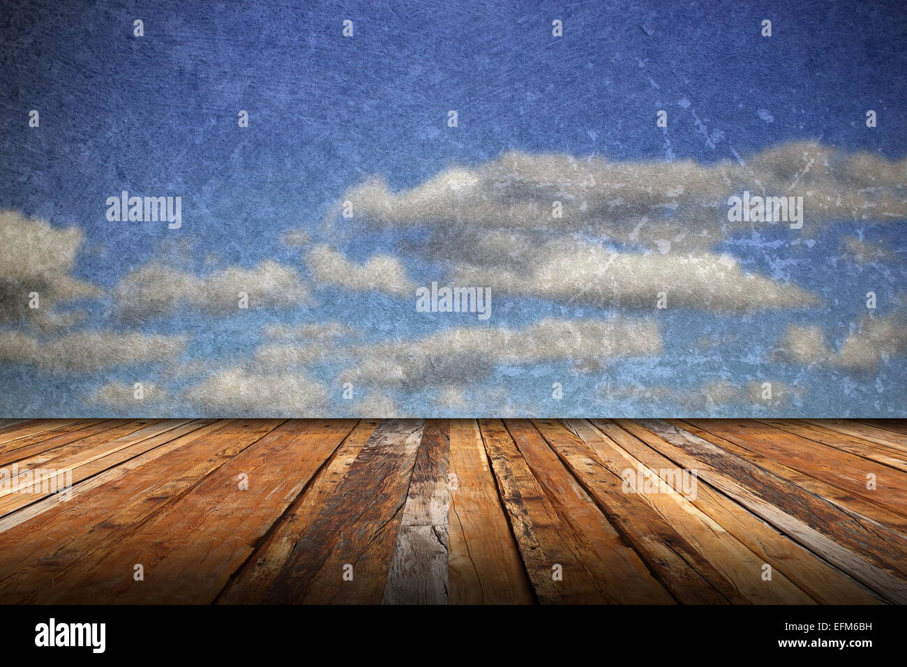 abstract scratched backdrop with wood terrace and grungy beautiful blue ...