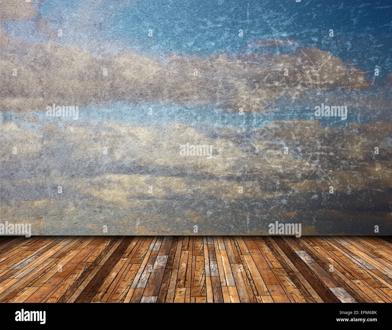 abstract view of distressed beautiful sky from vintage wooden terrace ...