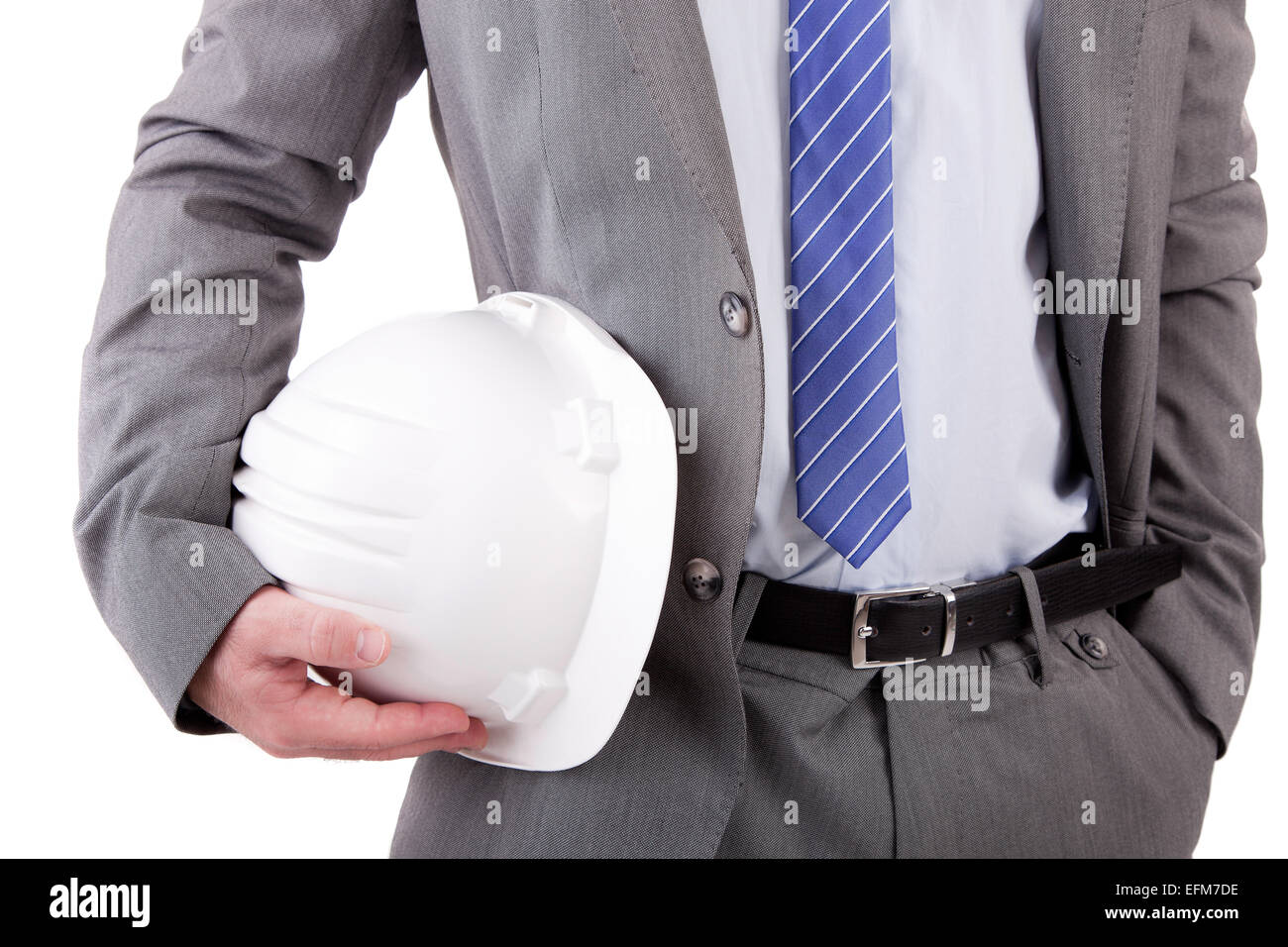Detail of an engineer holding an helmet, isolated over white Stock ...