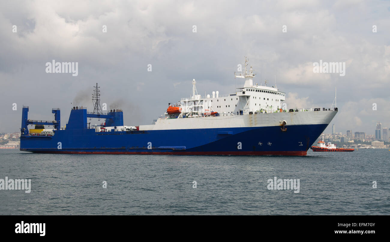 A Blue Roro Ship is over sea Stock Photo - Alamy