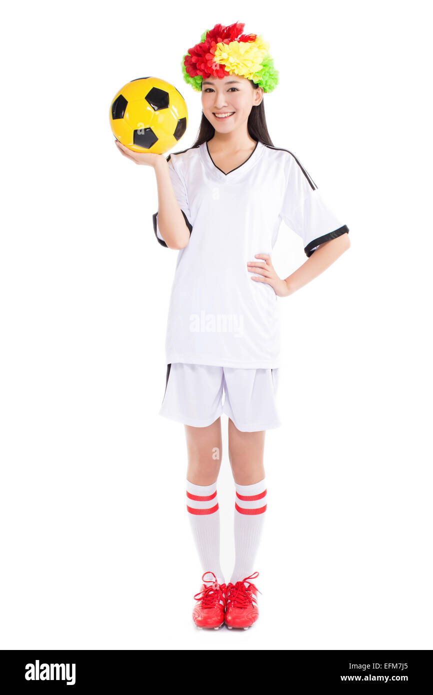 beautiful cheerleader yellow soccer ball on a white background Stock ...
