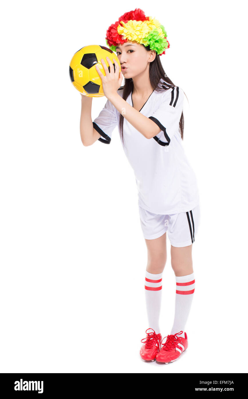 beautiful cheerleader yellow soccer ball on a white background Stock ...