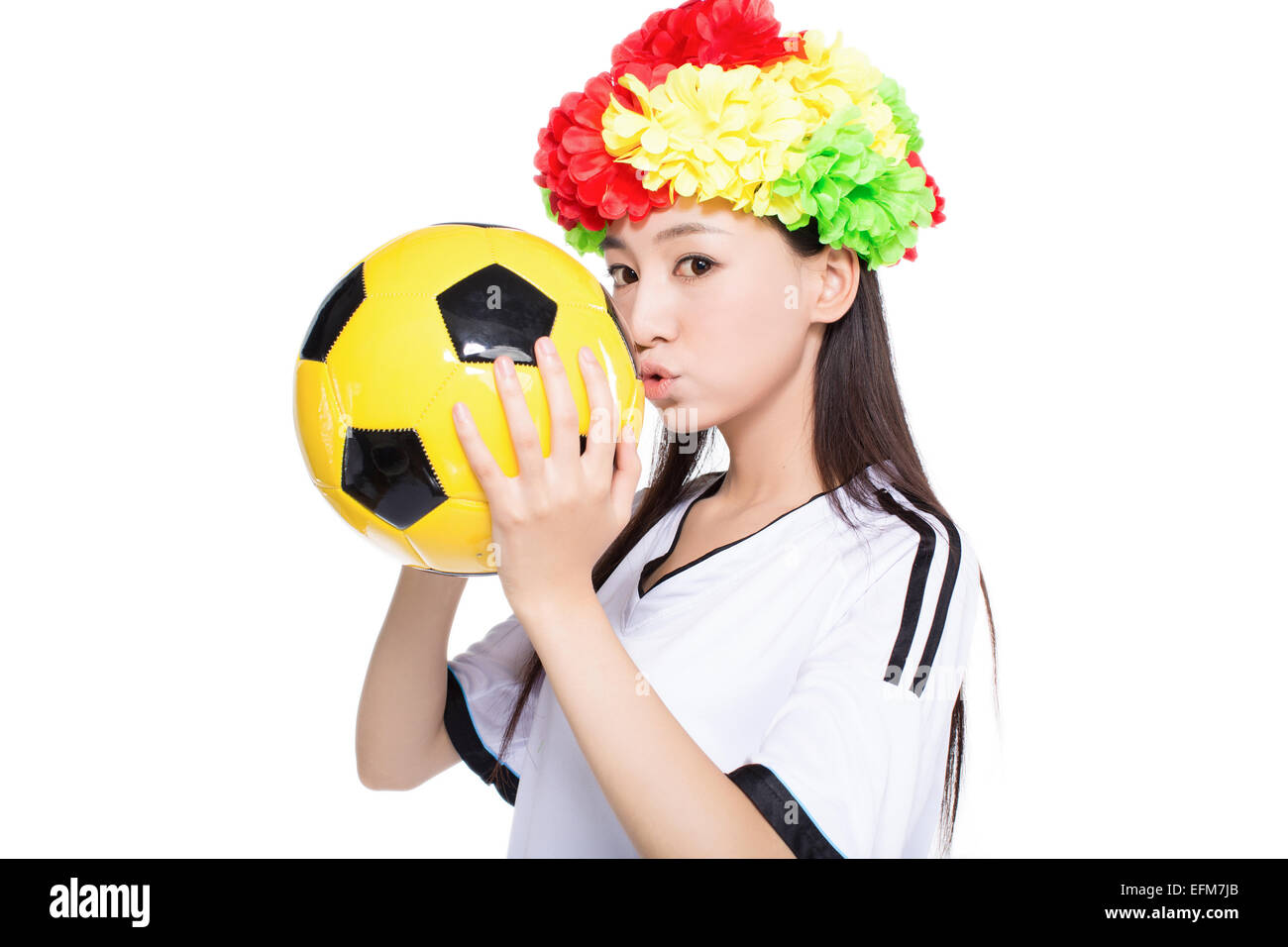 beautiful cheerleader yellow soccer ball on a white background Stock ...