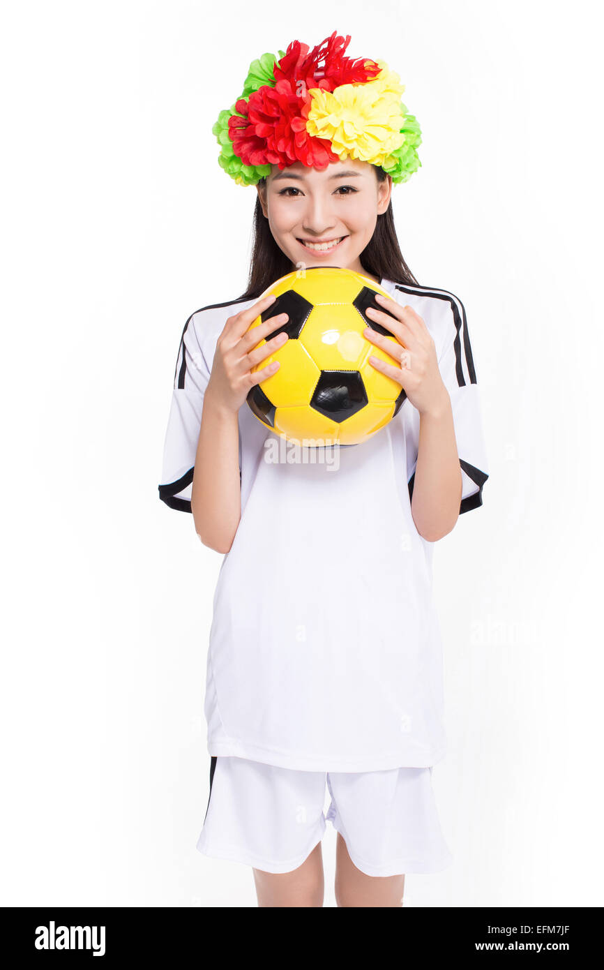 beautiful cheerleader yellow soccer ball on a white background Stock ...