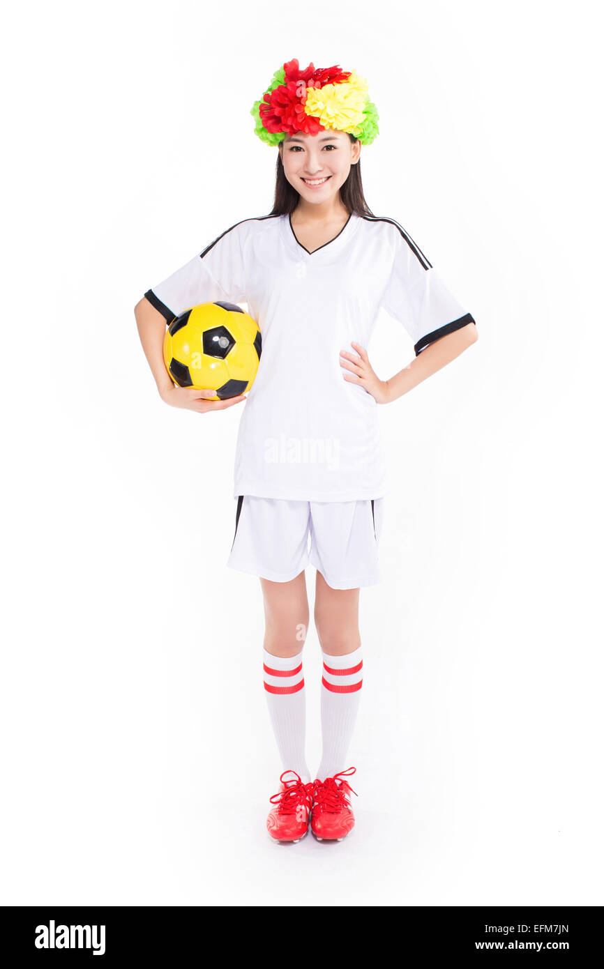 beautiful cheerleader yellow soccer ball on a white background Stock ...