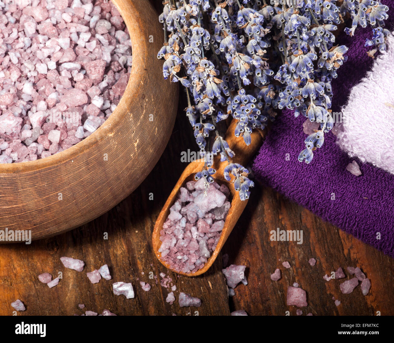 Spa background with bunch of lavender and purple sea salt Stock Photo ...