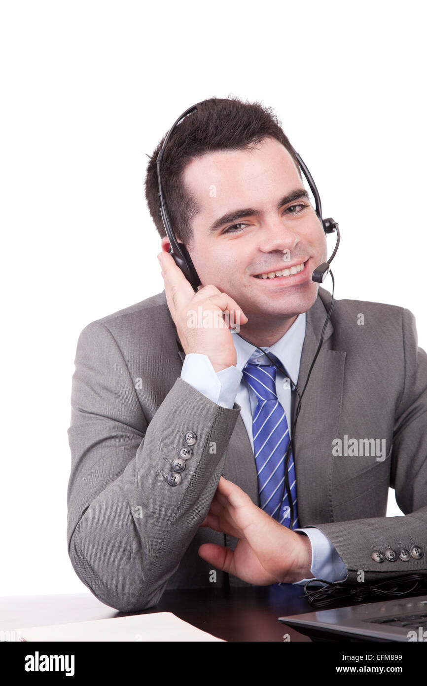 Friendly telephone operator isolated over white Stock Photo - Alamy