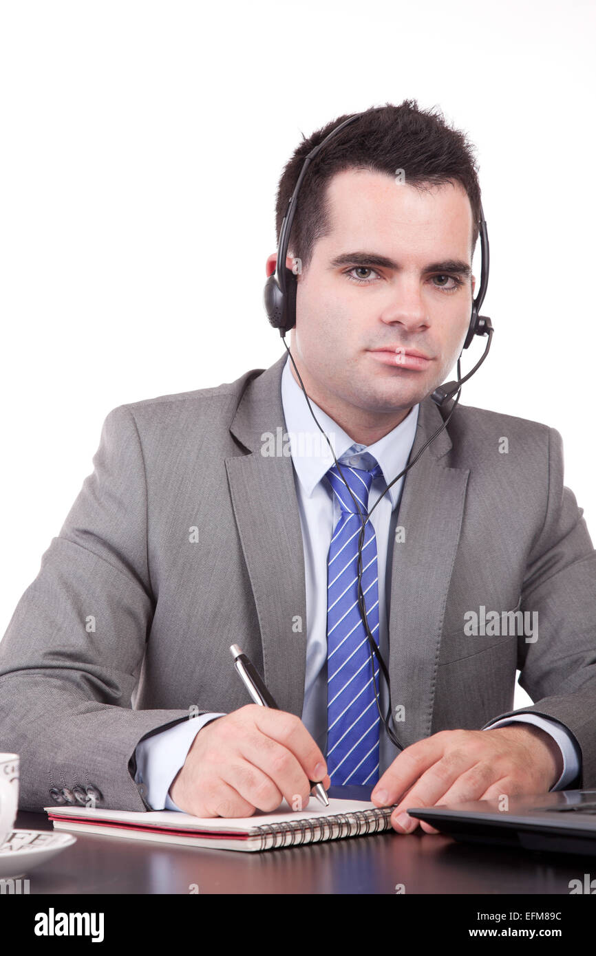 Friendly telephone operator isolated over white Stock Photo - Alamy