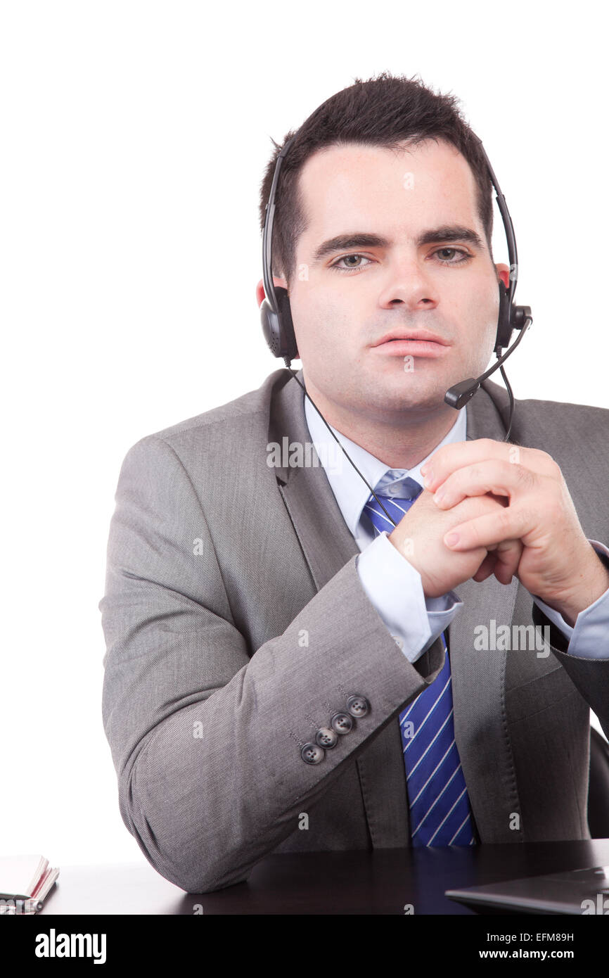 Friendly telephone operator isolated over white Stock Photo - Alamy