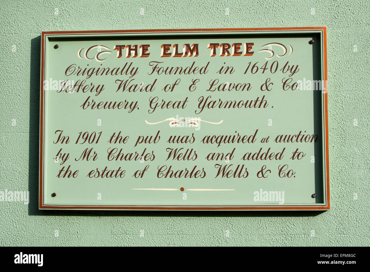 Historical plaque on The Elm Tree pub detailing its founding in 1640 ...
