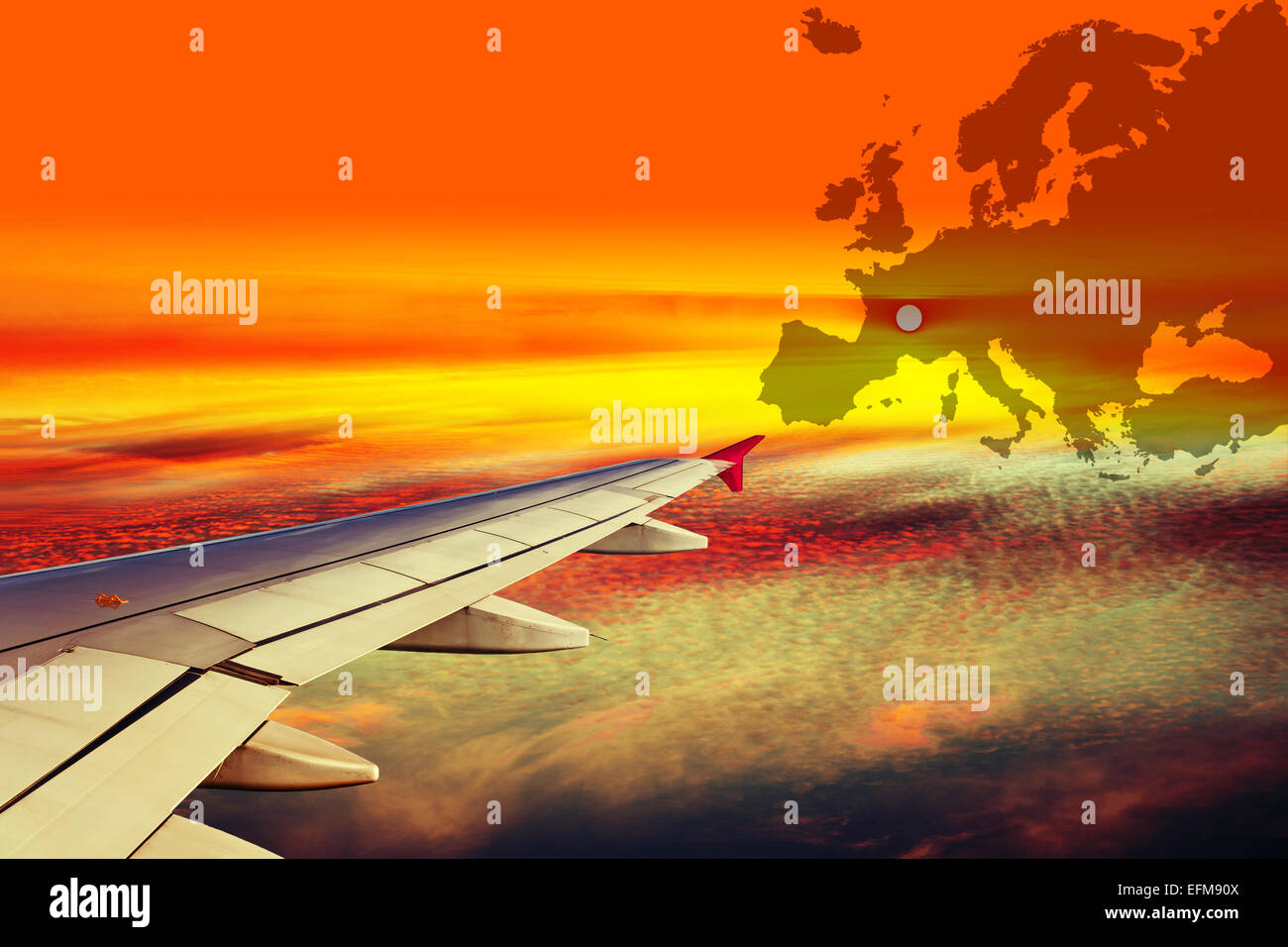 Wing airplane on Europe map background Stock Photo - Alamy