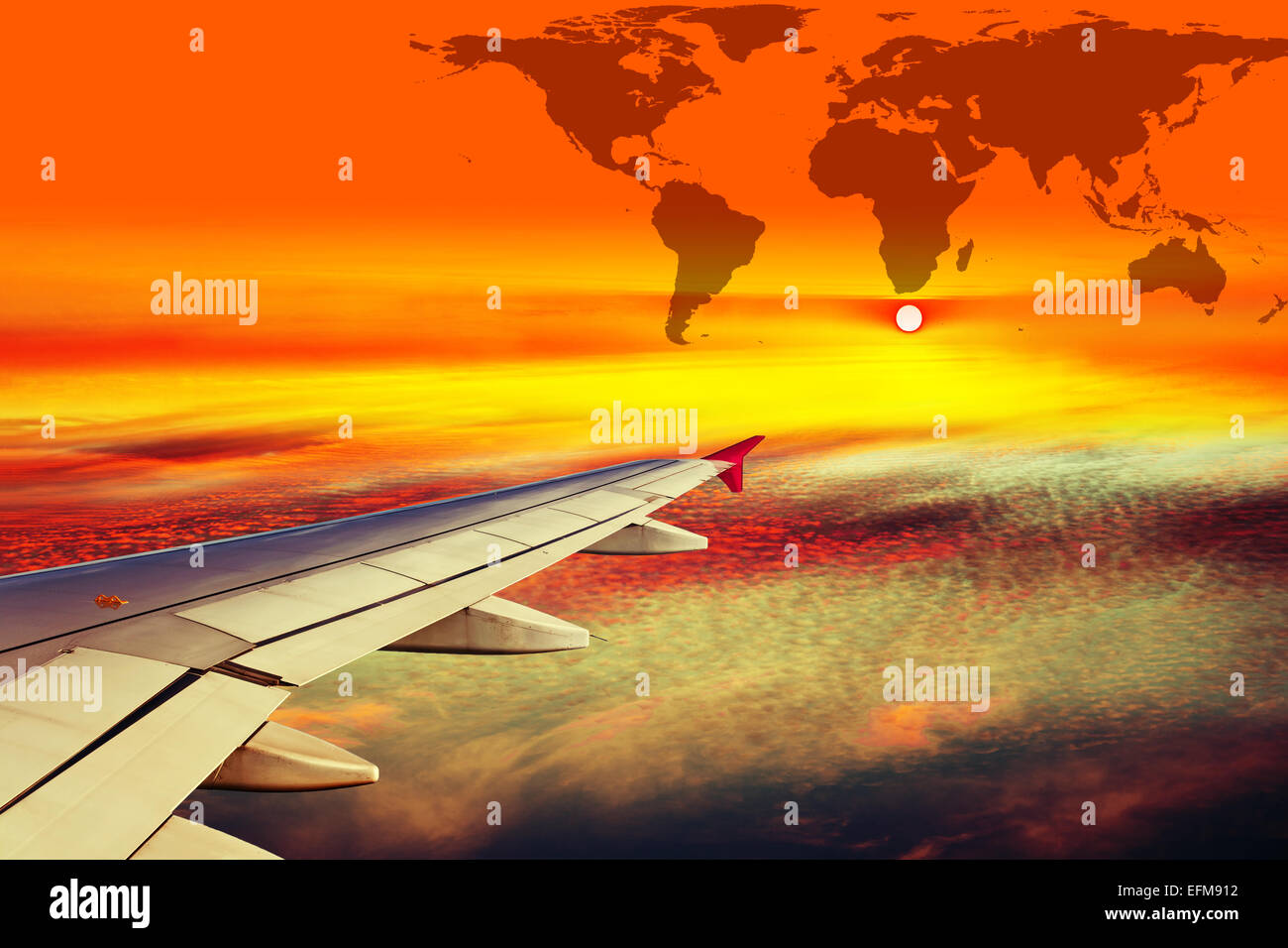 Wing airplane on World map background Stock Photo - Alamy