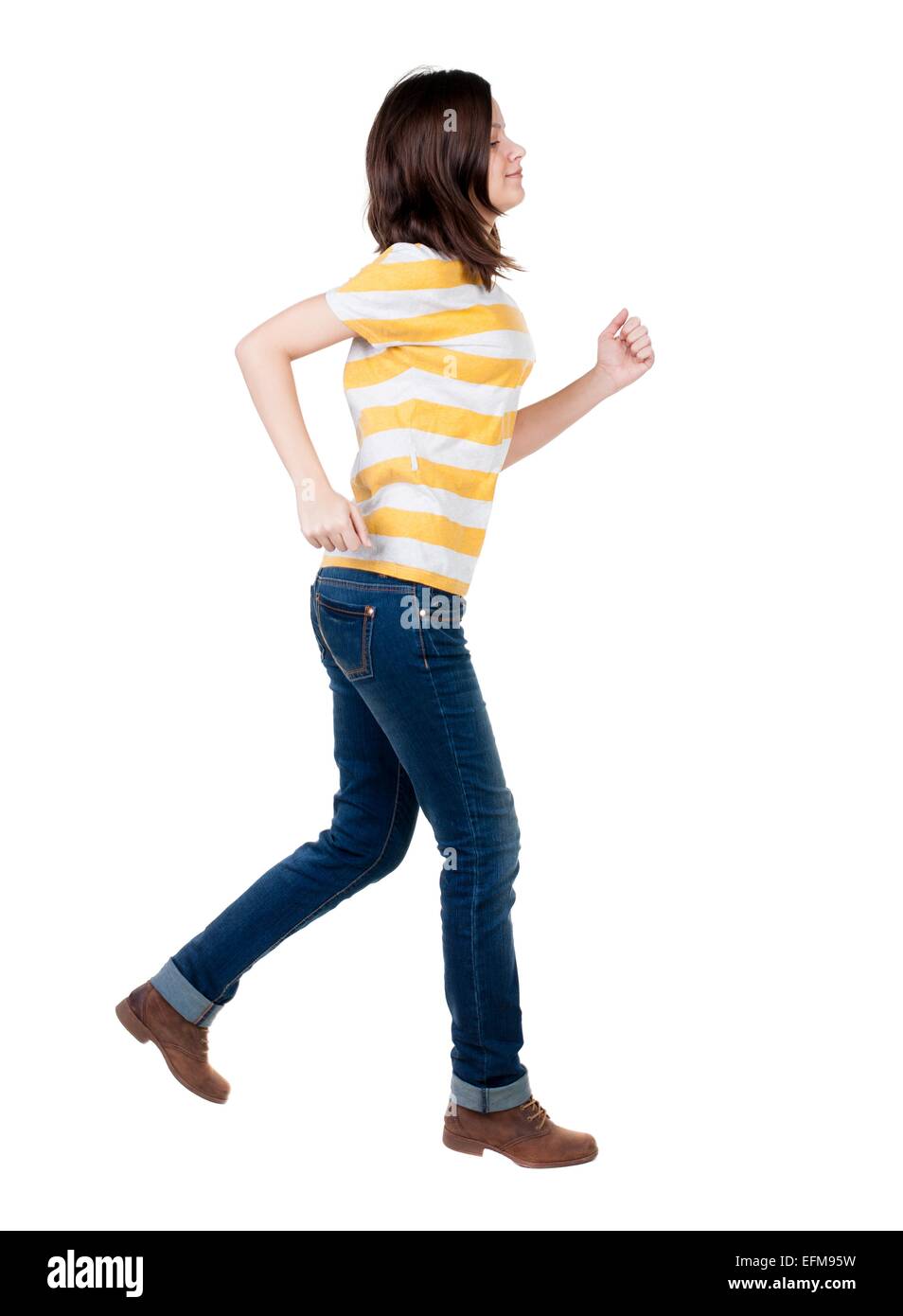 back view of running woman. beautiful brunette girl in motion. backside ...