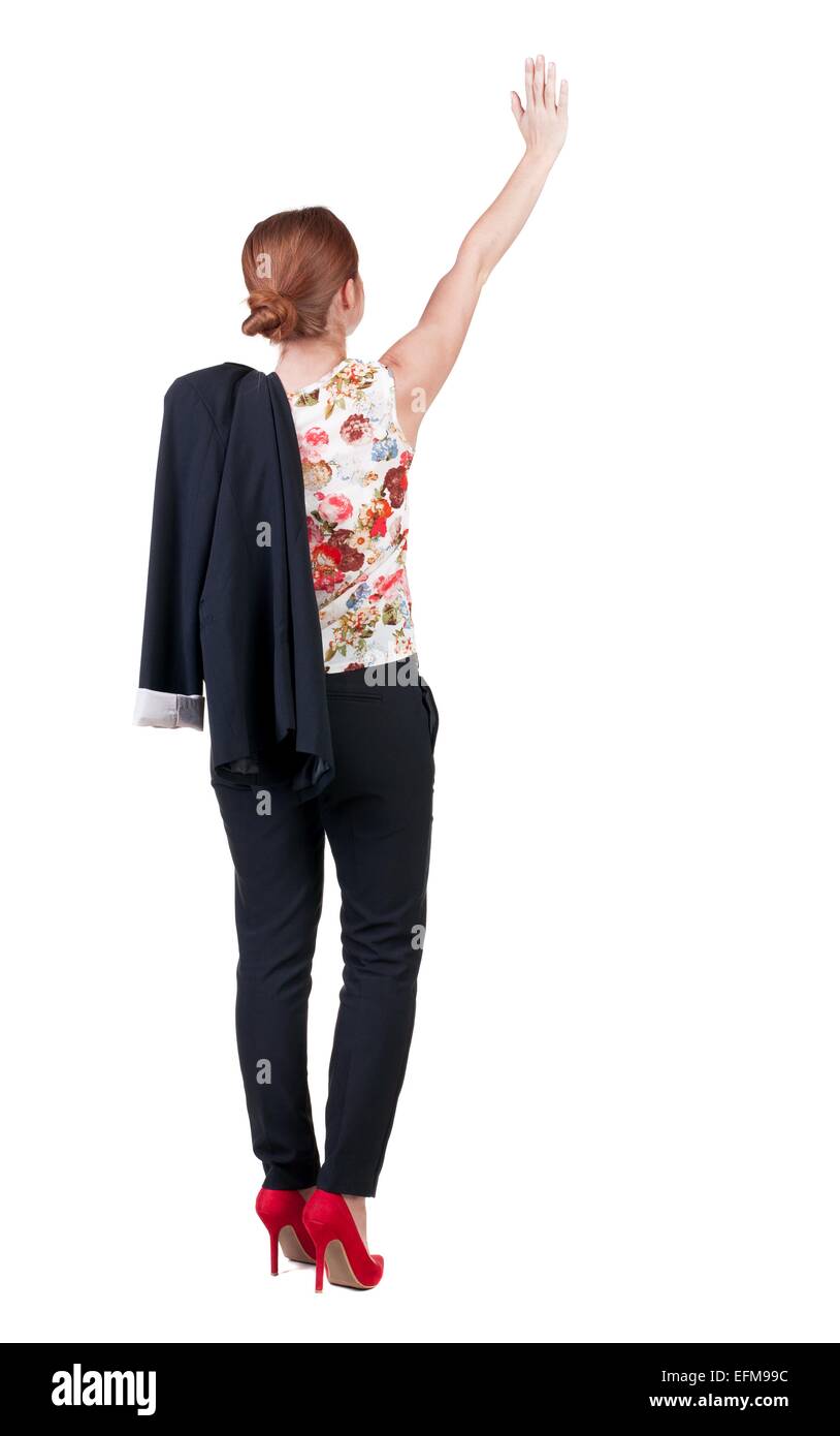 Back view of beautiful business woman welcomes. Young girl in suit ...