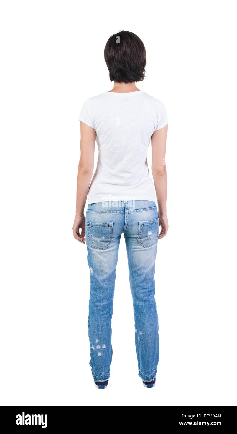 back view of standing young beautiful brunette woman. girl watching ...