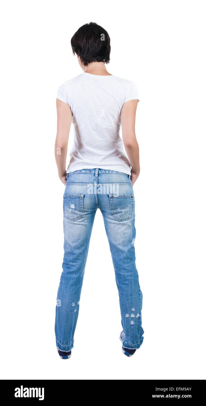 back view of standing young beautiful brunette woman. girl watching ...