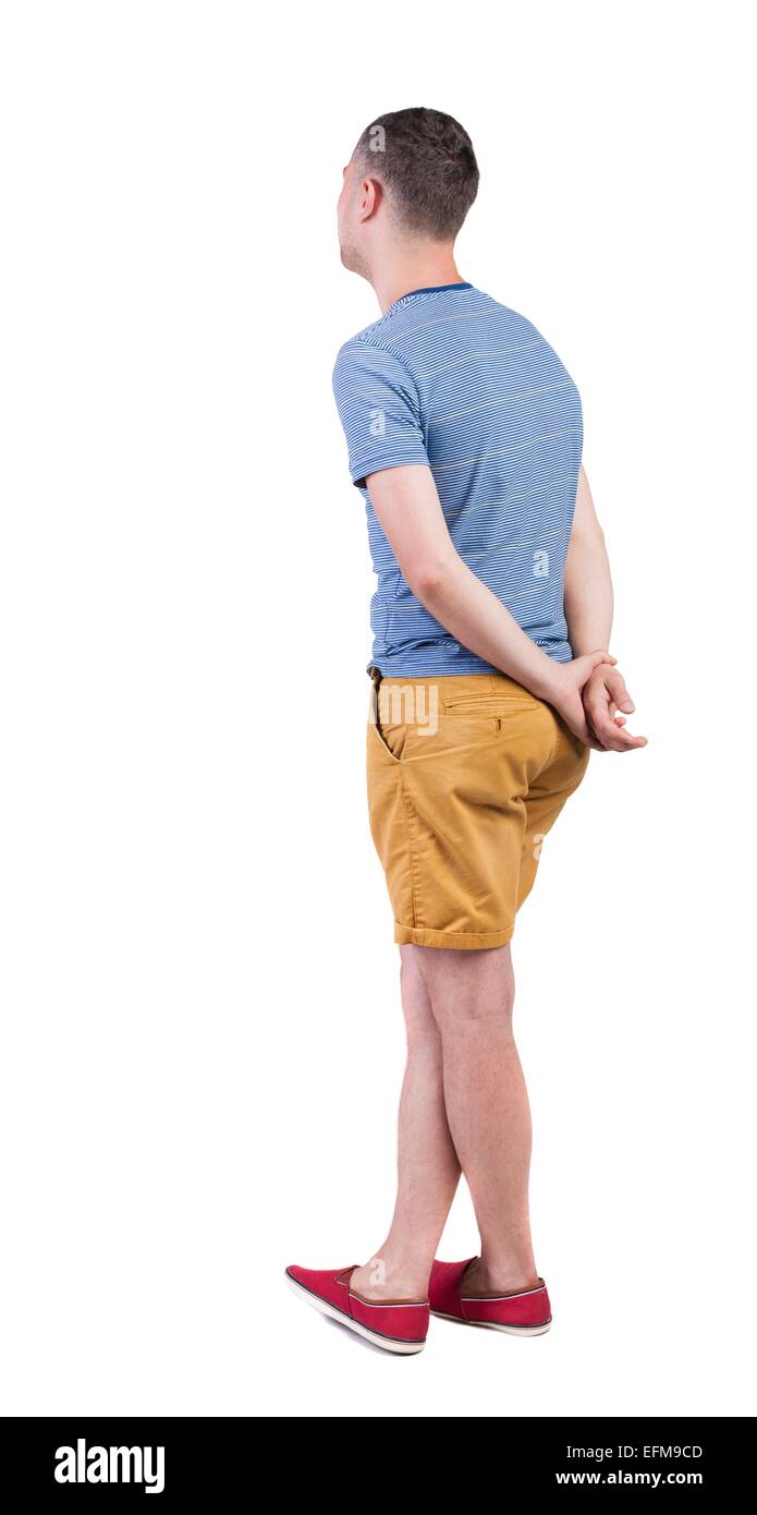Back view of young manin shorts looking. Rear view people collection ...