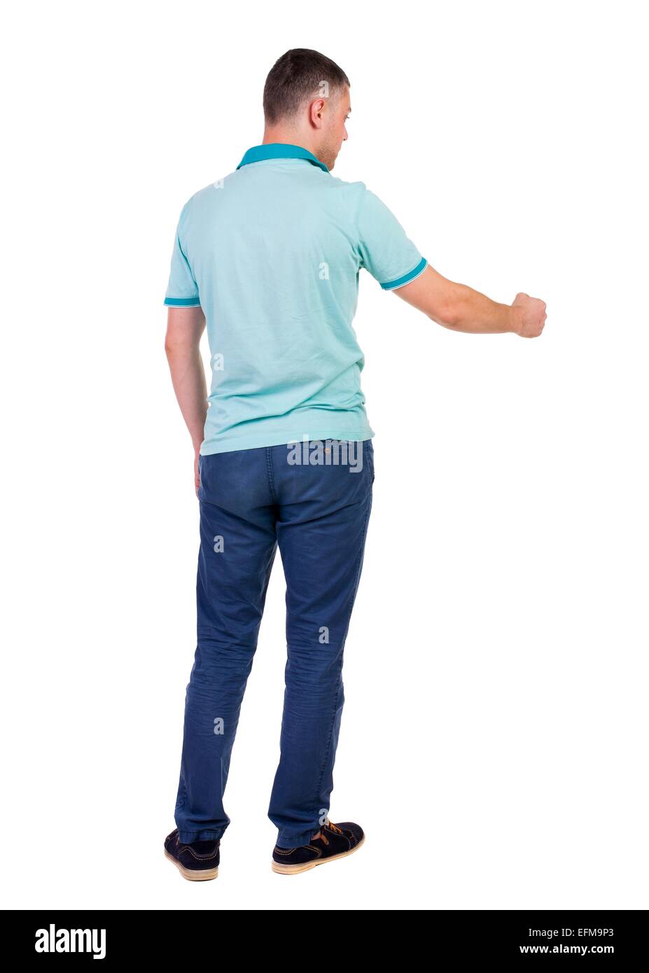 Back view of man in checkered shirt shows thumbs up. Rear view people ...
